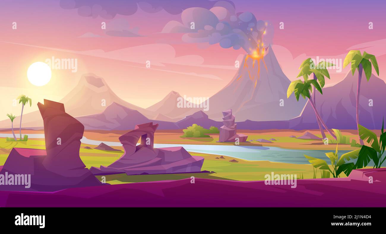 Volcano eruption with lava flows and smoke clouds. Vector cartoon ...