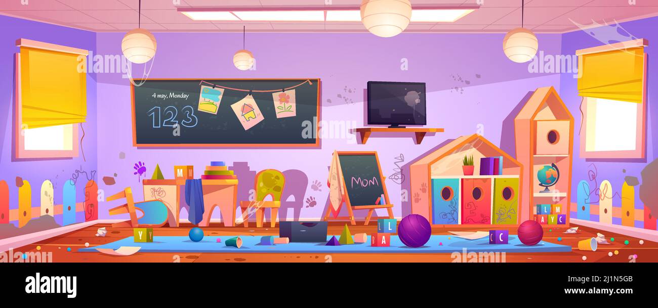 Messy room in kindergarten with drawings on furniture, clutter and ...