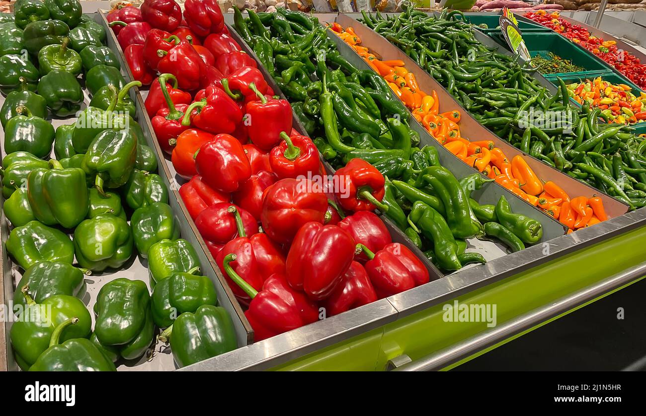 big choice of fresh fruits and vegetables on market counter Stock Photo ...