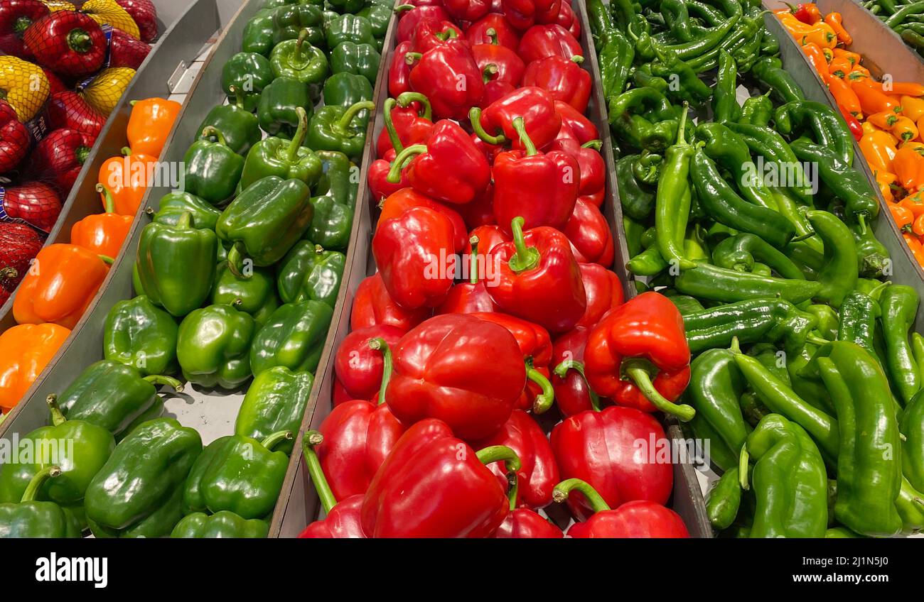 big choice of fresh fruits and vegetables on market counter Stock Photo ...