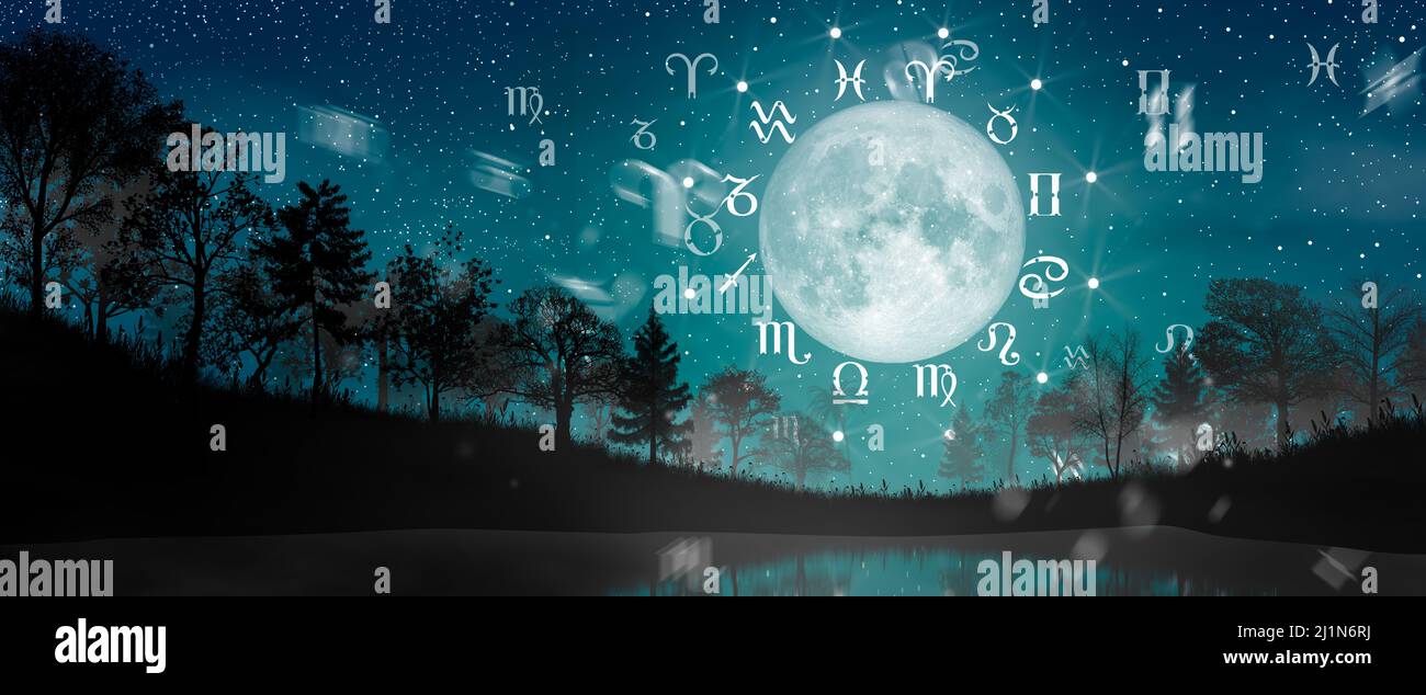 Astrological zodiac signs inside of horoscope circle. Landscape with ...