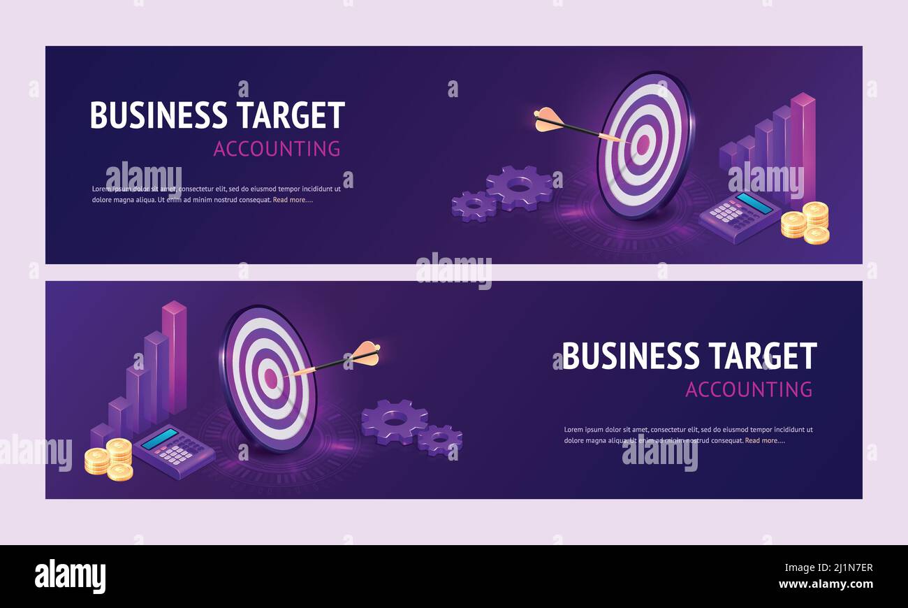 Business target accounting isometric landing page. Dart boards with ...