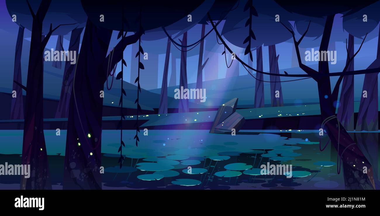 Swamp in tropical forest with fireflies at night. Fairy landscape with ...