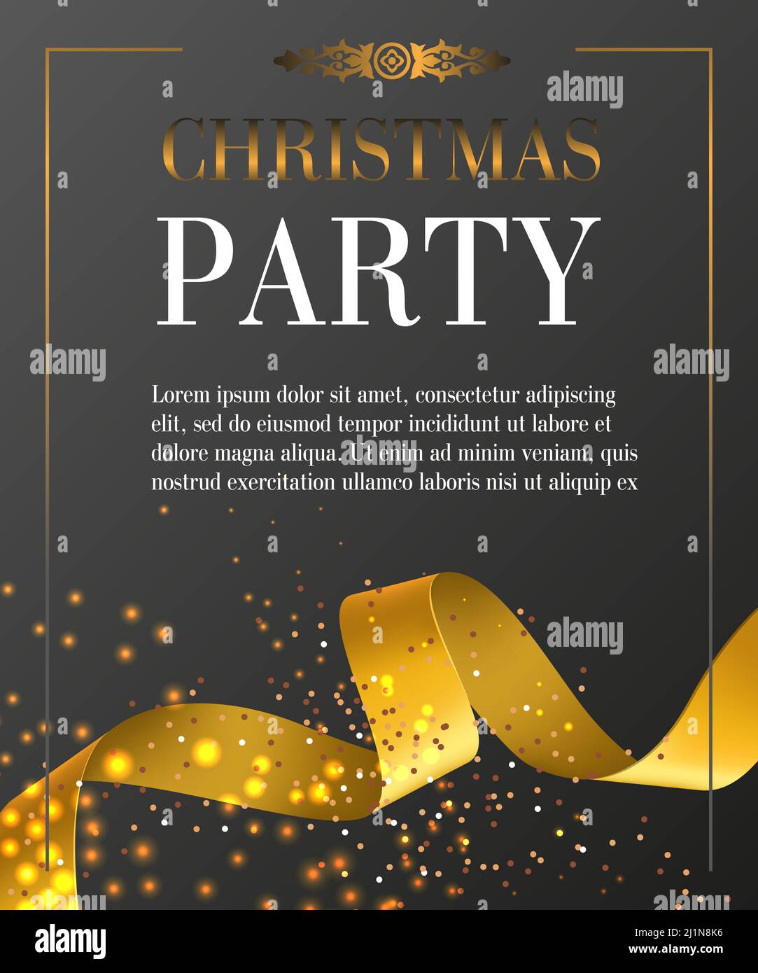 Christmas party lettering in frame on black background. Golden ribbon ...