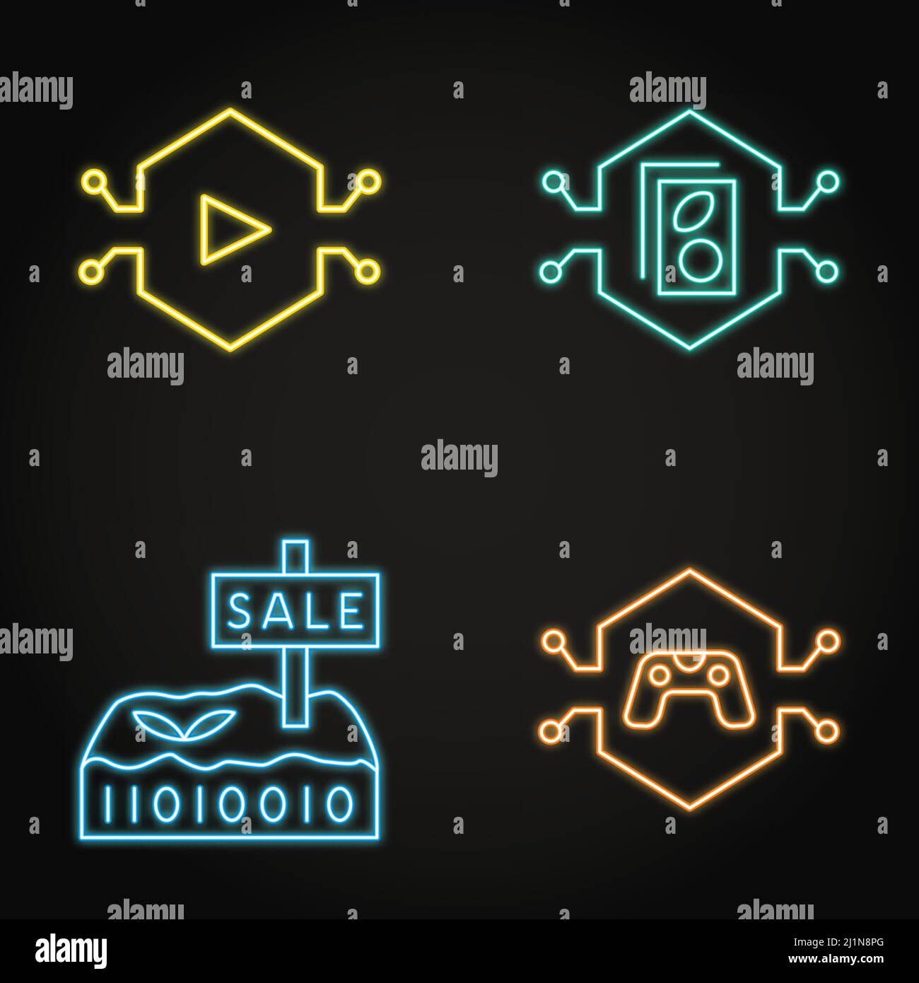 Neon digital assets icon set. Virtual property, NFT card and game ...