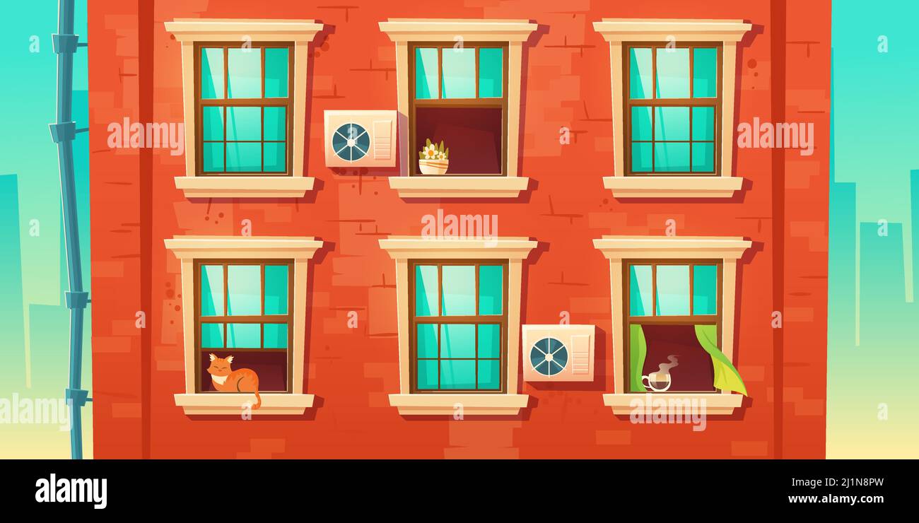 Building facade with brick wall and windows in wooden frames. Vector ...