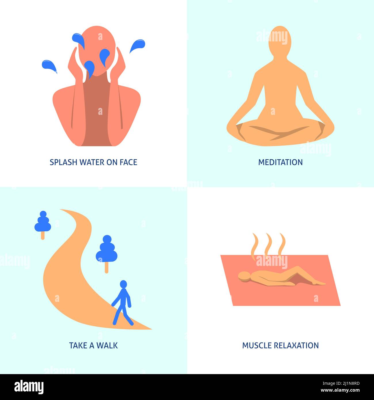 Calming activities icon set in flat style. How to stop panic attack. Vector illustration Stock ...