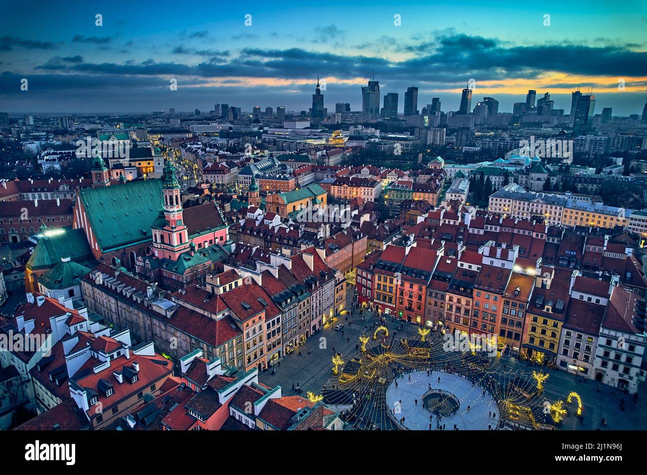 Beautiful panoramic aerial drone skyline sunset view of the Warsaw City ...