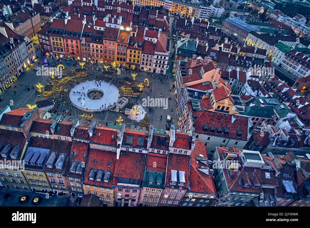 Beautiful panoramic aerial drone skyline sunset view of the Warsaw City ...