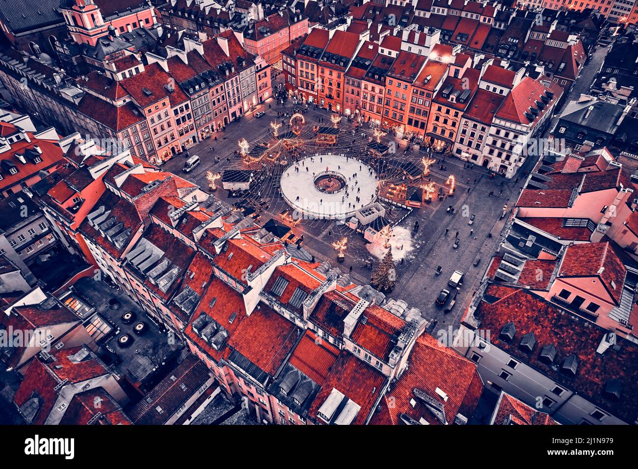 Beautiful panoramic aerial drone skyline sunset view of the Warsaw City ...