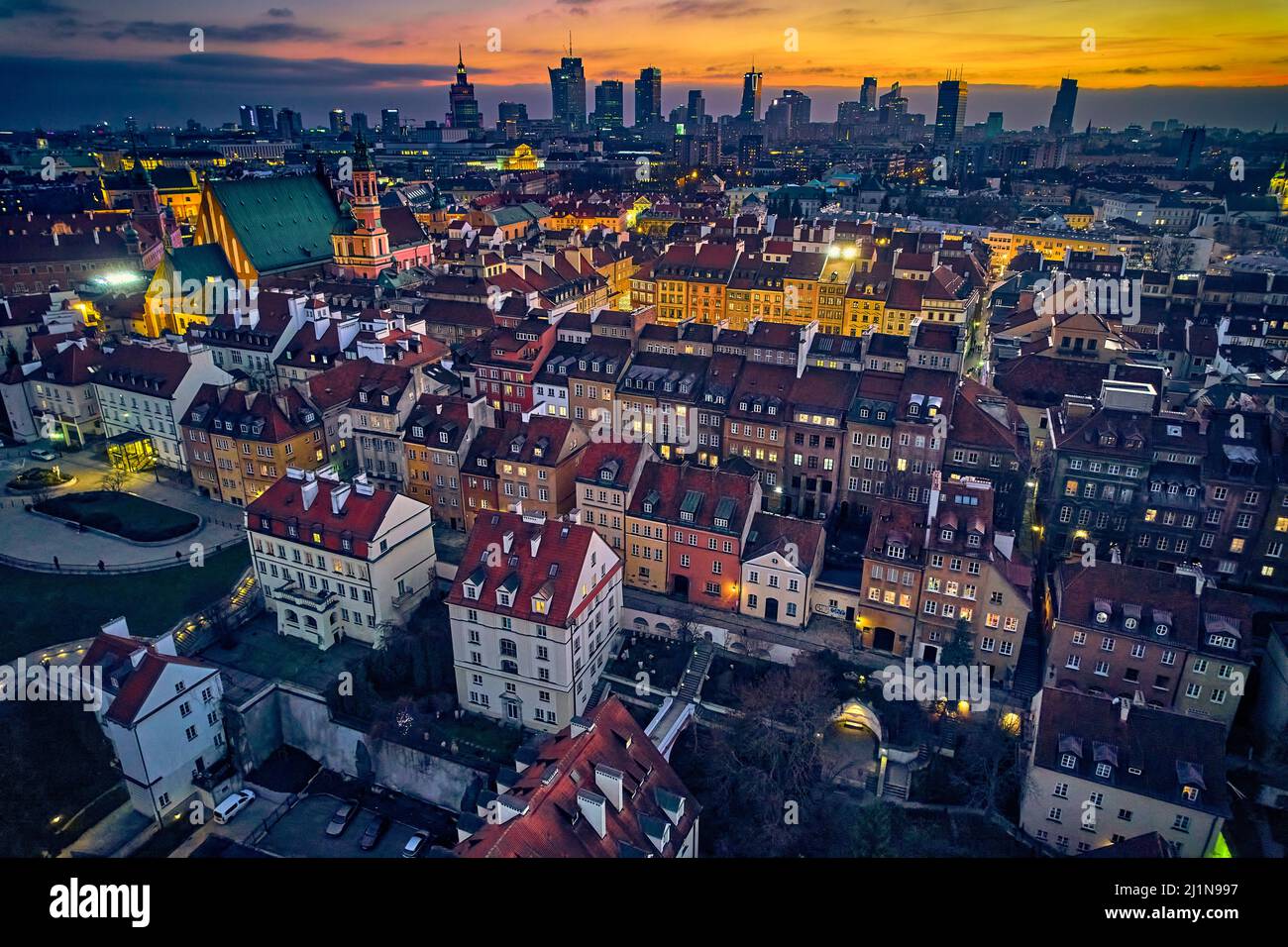 Beautiful panoramic aerial drone skyline sunset view of the Warsaw City ...