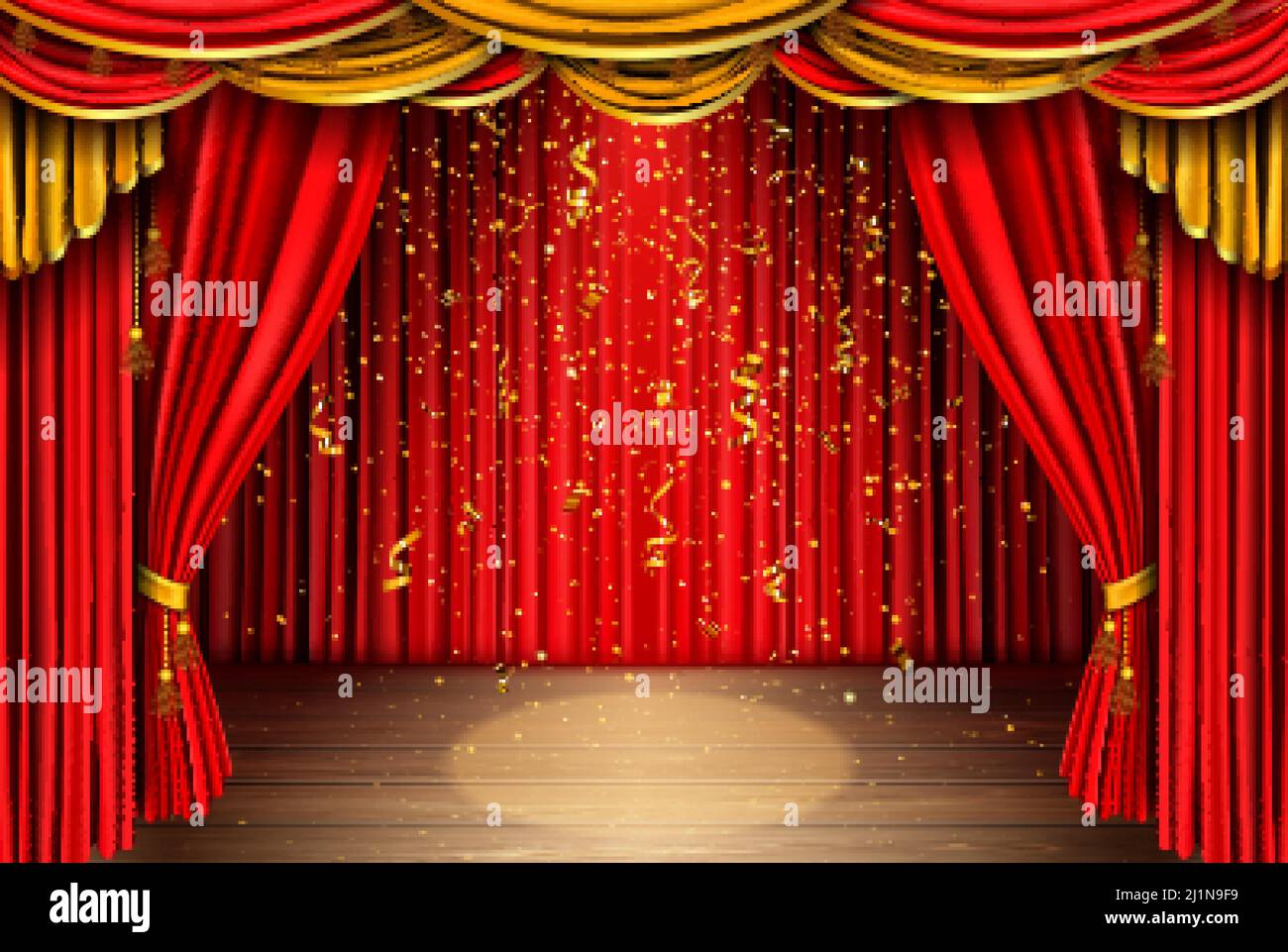 Empty red curtain stage with golden confetti falling on wooden floor ...