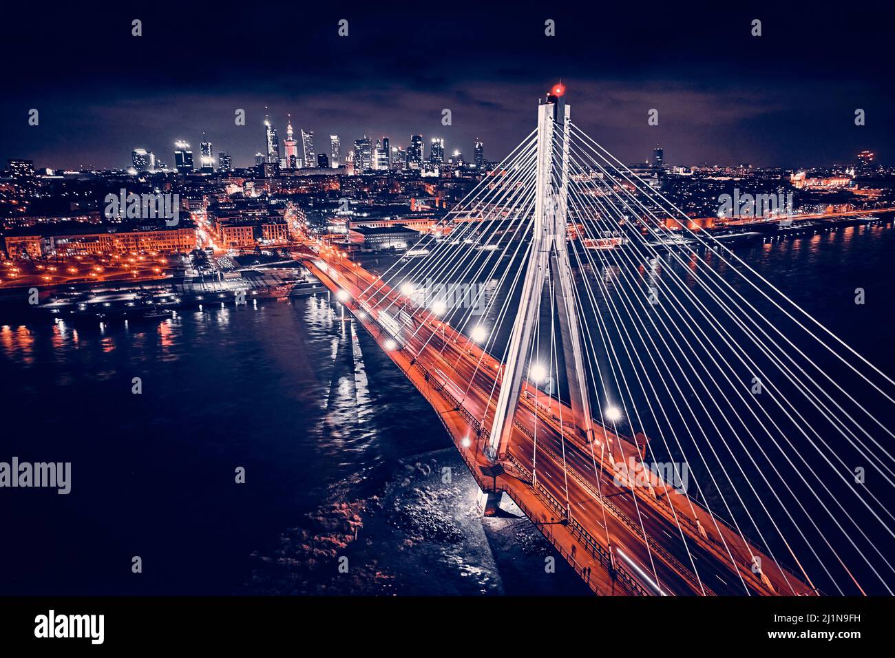 Beautiful panoramic aerial drone skyline view of the center of night ...