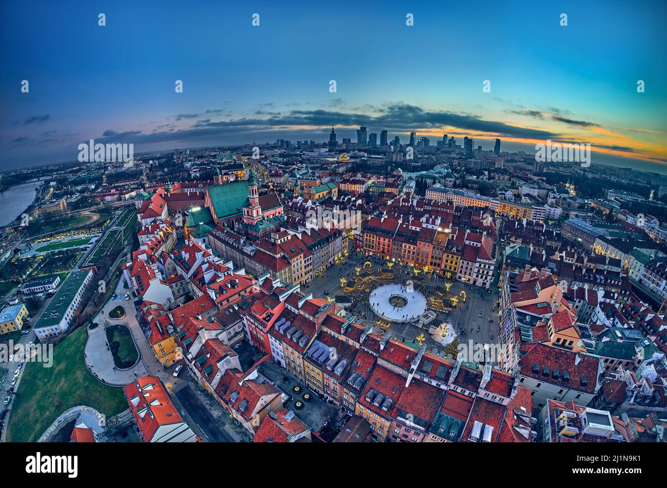 Beautiful panoramic aerial drone skyline sunset view of the Warsaw City ...