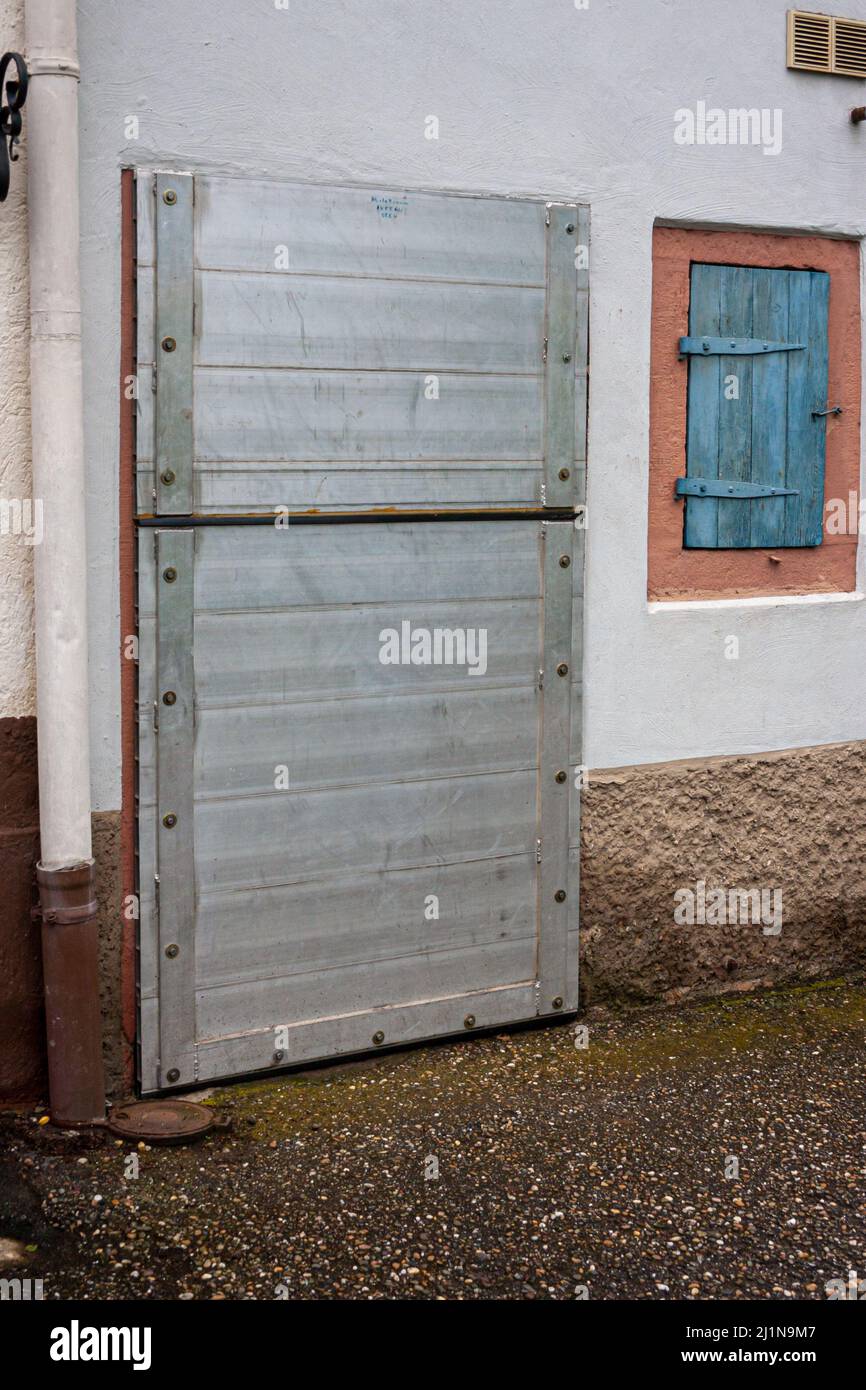 Flood protection measures on houses in an old town in southern Germany ...