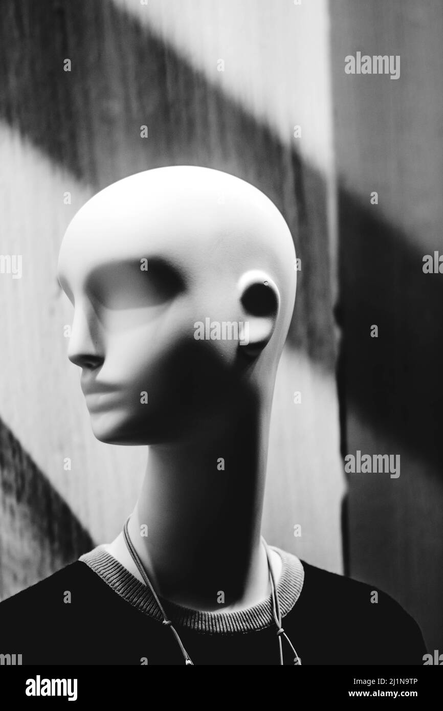 A vertical closeup shot of the female mannequin in grayscale Stock ...