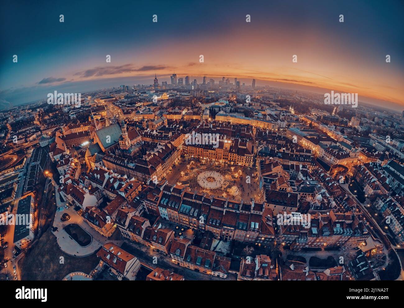 Beautiful panoramic aerial drone skyline sunset view of the Warsaw City ...
