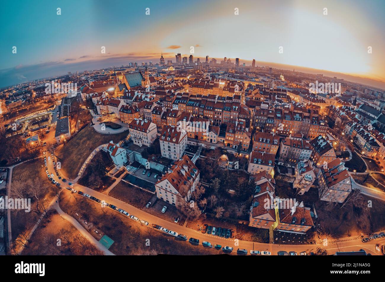 Beautiful panoramic aerial drone skyline sunset view of the Warsaw City ...