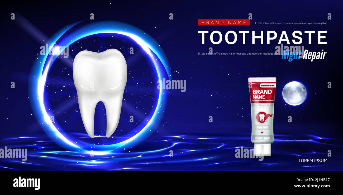 Toothpaste tube and tooth in glowing sphere on water surface on ...