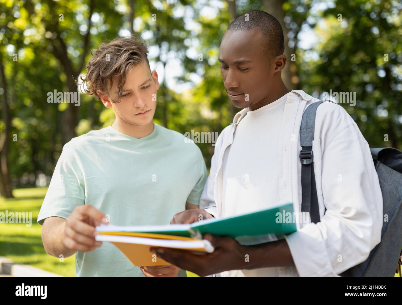 Multiracial university male friends studying together outdoors ...