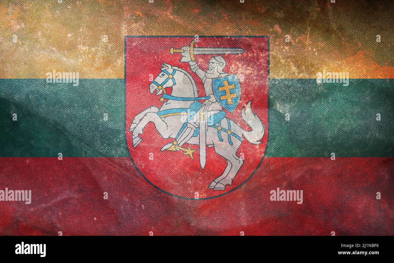 Top view of National flag of Lithuania with historic coat of arms with ...