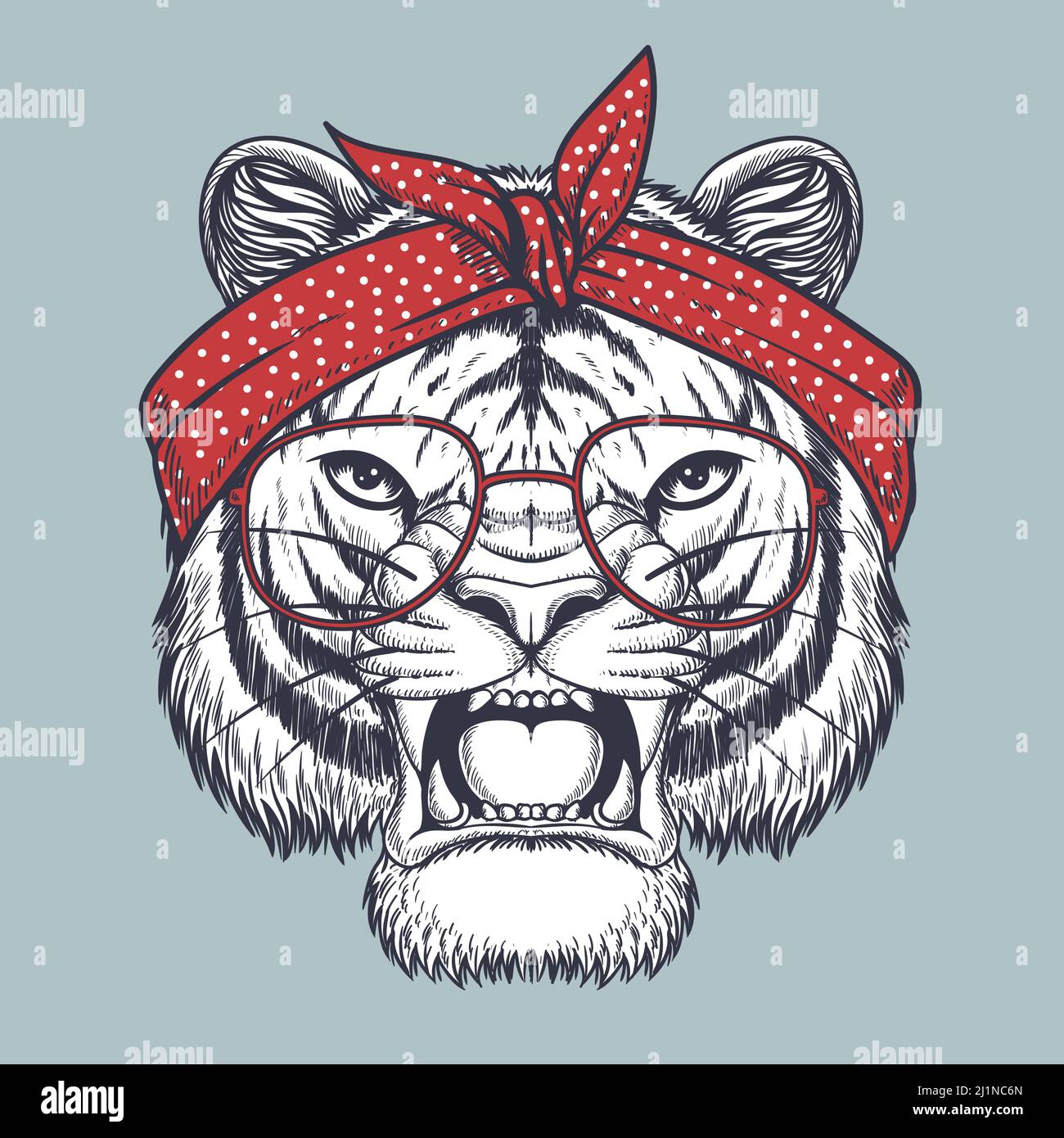 Tiger angry hand drawn wearing a red glasses and bandana polka dot ...