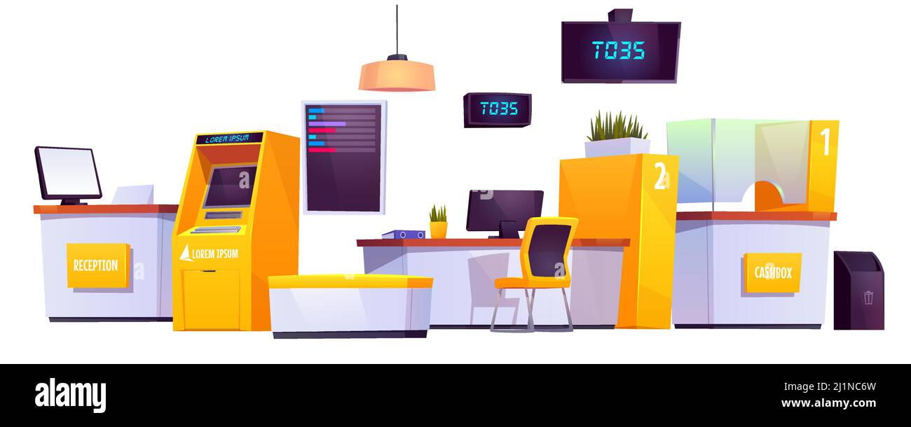 Bank interior stuff with ATM, automated teller machine, reception and ...