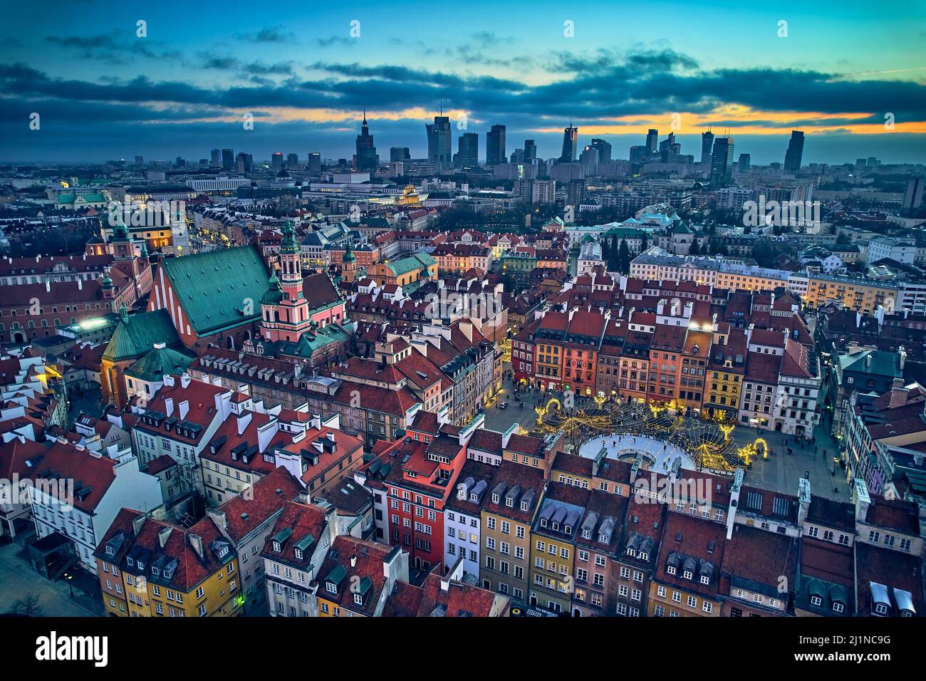 Beautiful panoramic aerial drone skyline sunset view of the Warsaw City ...