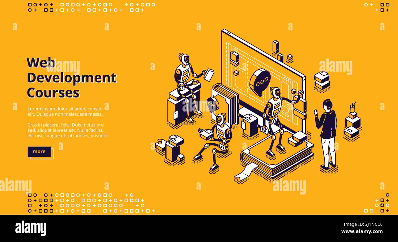 Web development courses isometric landing page. Ai robots and human ...