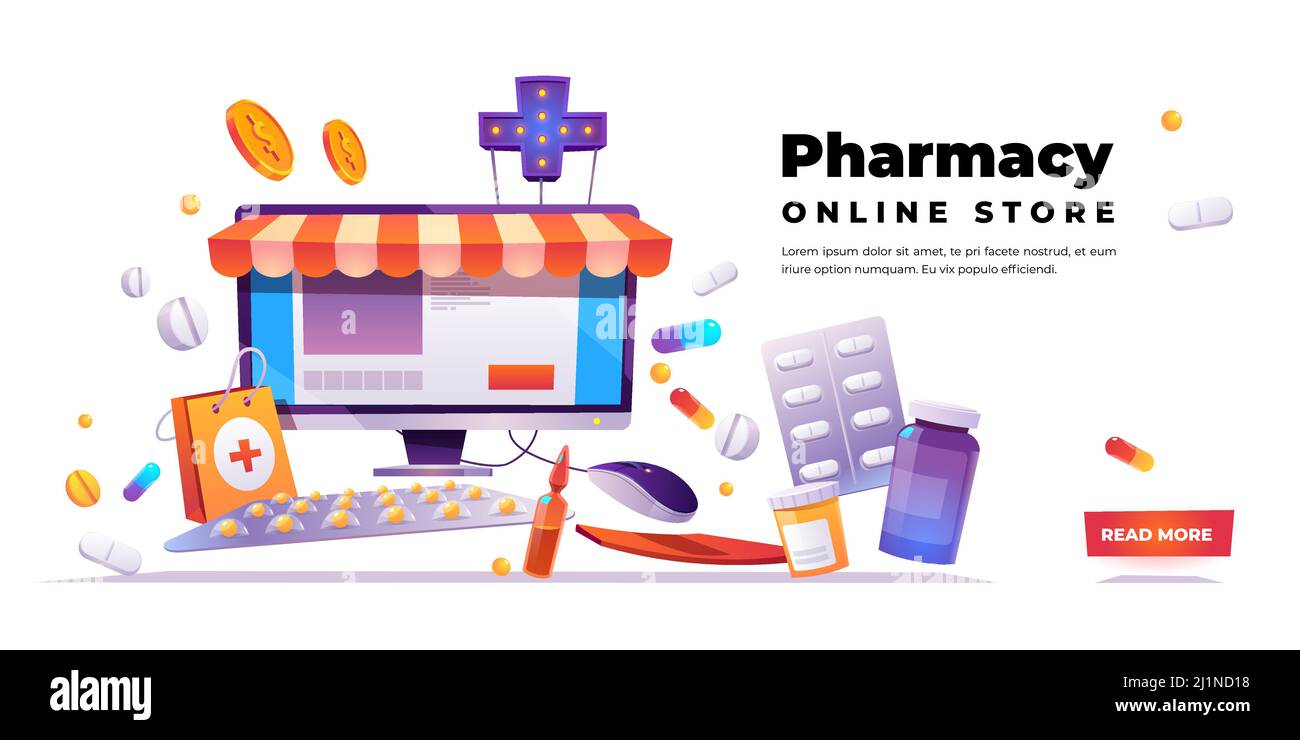 Pharmacy online store banner. Online drugstore service. Vector cartoon ...