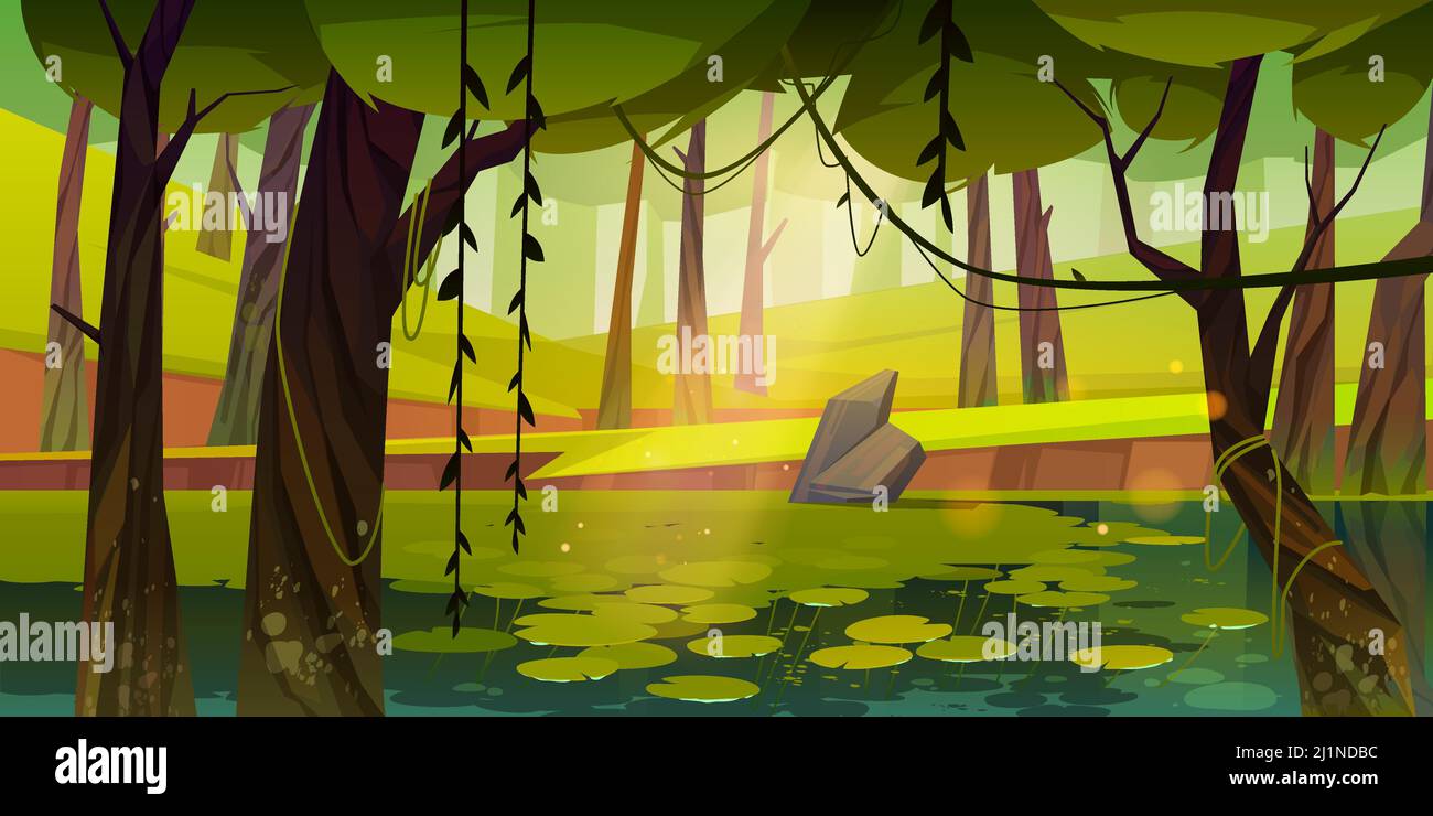 Swamp or lake with water lilies in forest. Nature landscape with marsh ...