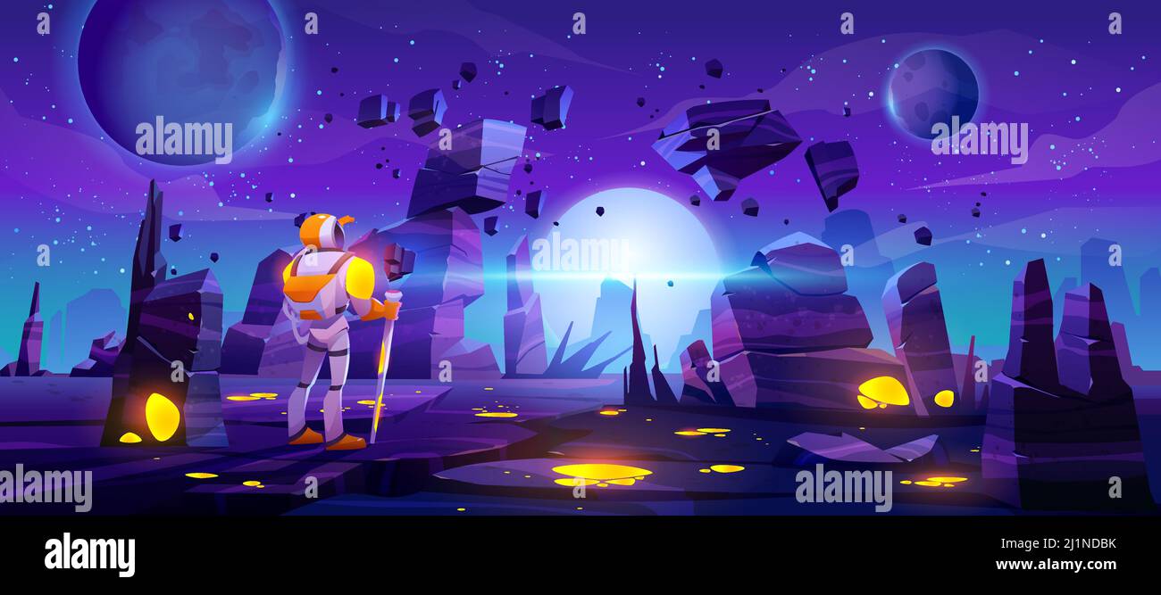 Astronaut on alien planet in far galaxy. Cosmonaut in suit and helmet ...