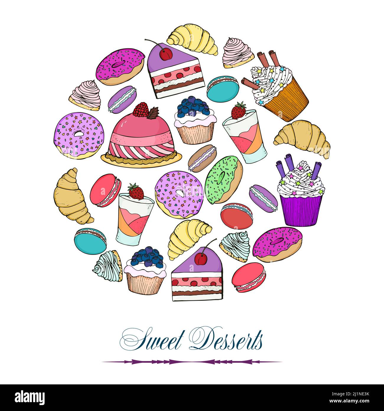 Sweet food Desserts Doodle Set. Collection of Pasticceria Food hand ...