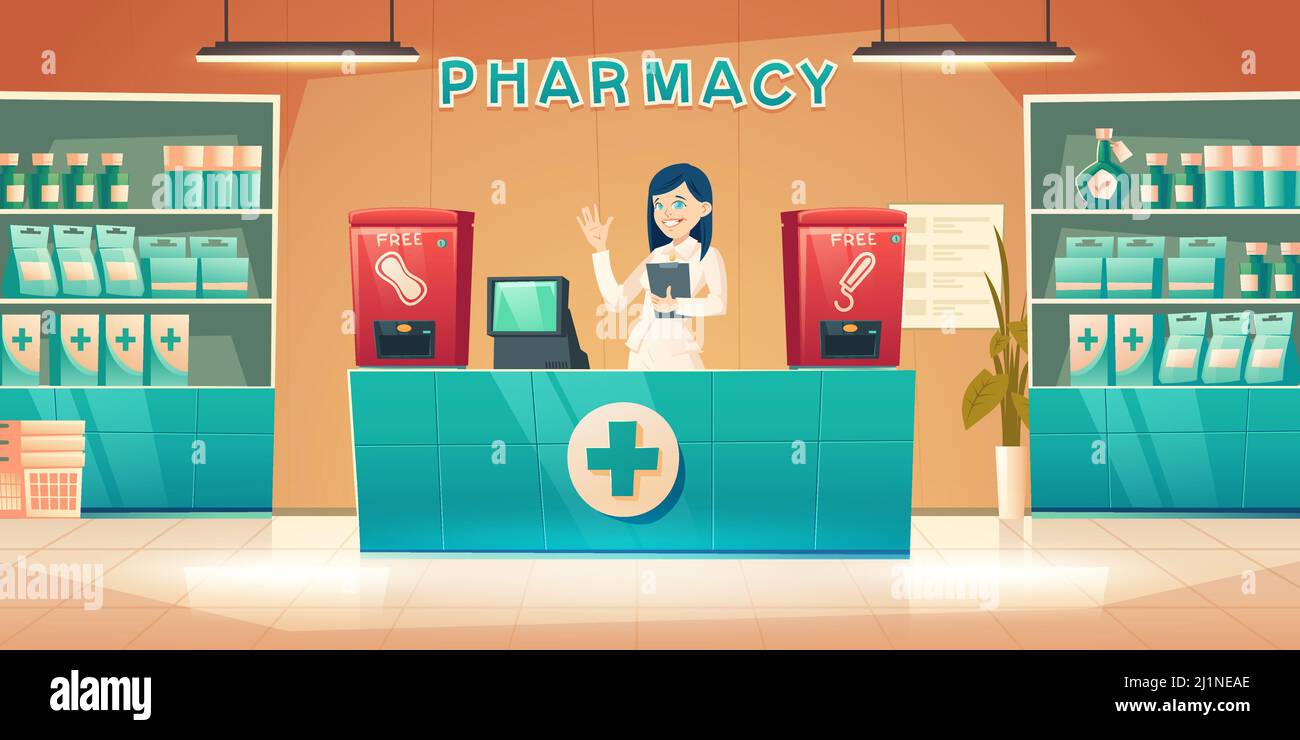 Pharmacy with pharmacist woman at counter desk, cartoon drugstore ...