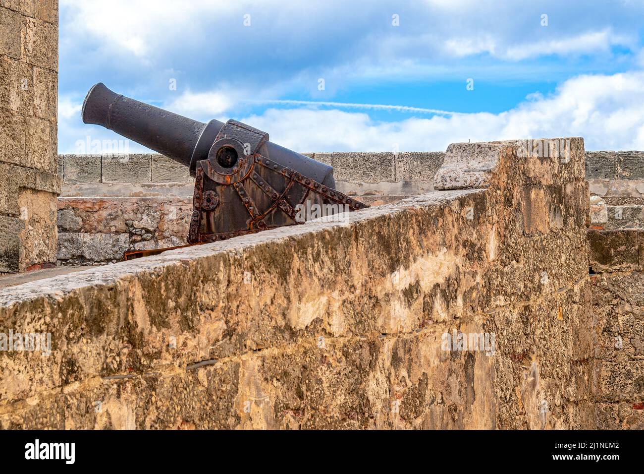 Colonial cannon and stone wall in El Morro, Old Havana, Cuba, 2017 ...