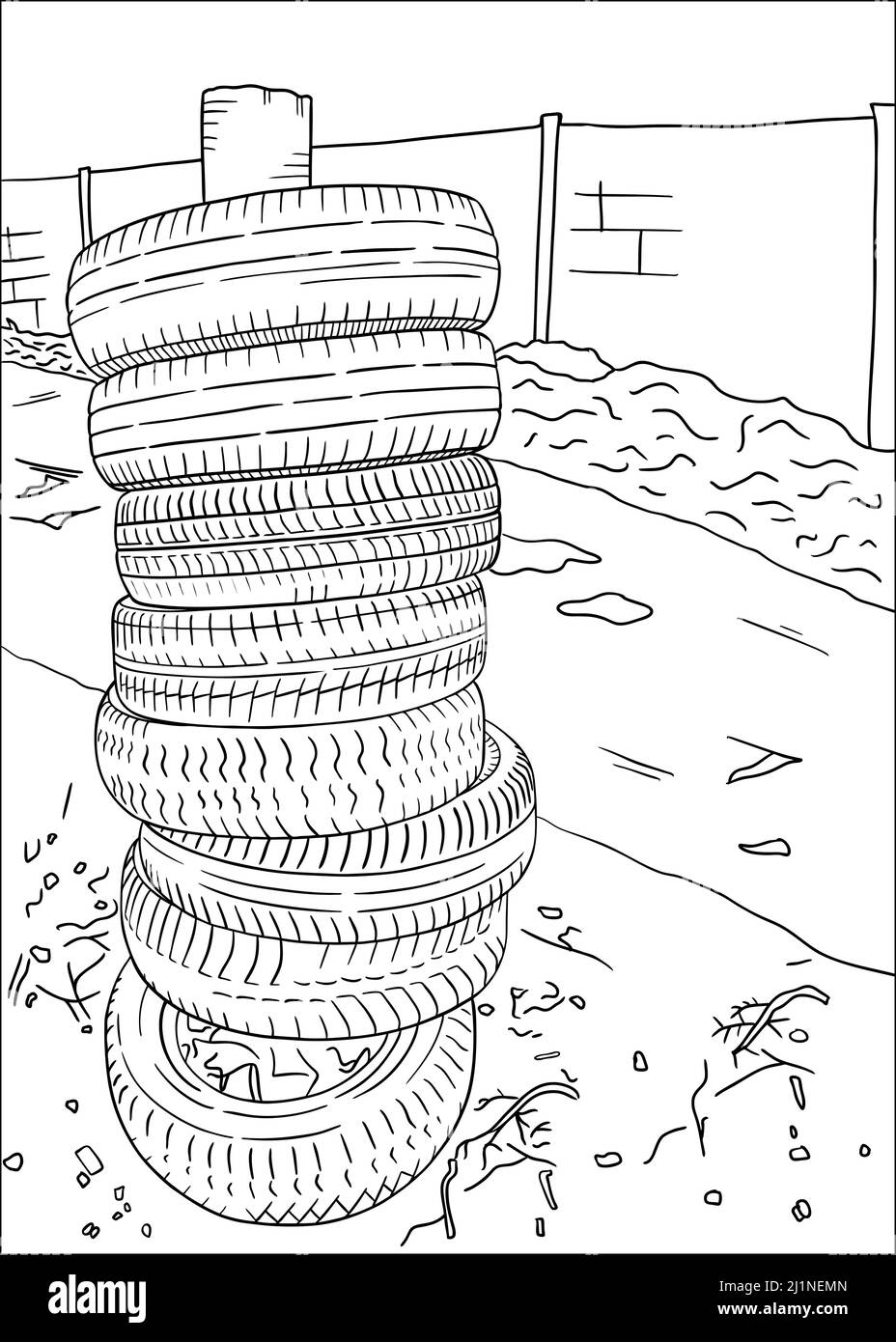 pile stack of used tires from cars on top of each other along the road ...