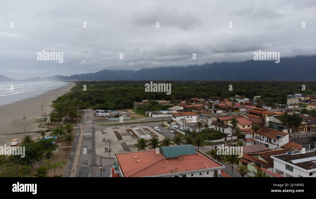 A picture of an aerial view of small coastal town Bertioga in Brazil ...