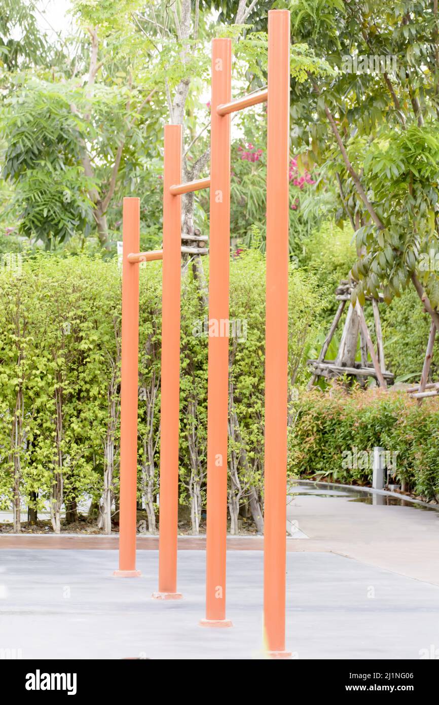 A view of horizontal bars for exercises in a park Stock Photo - Alamy