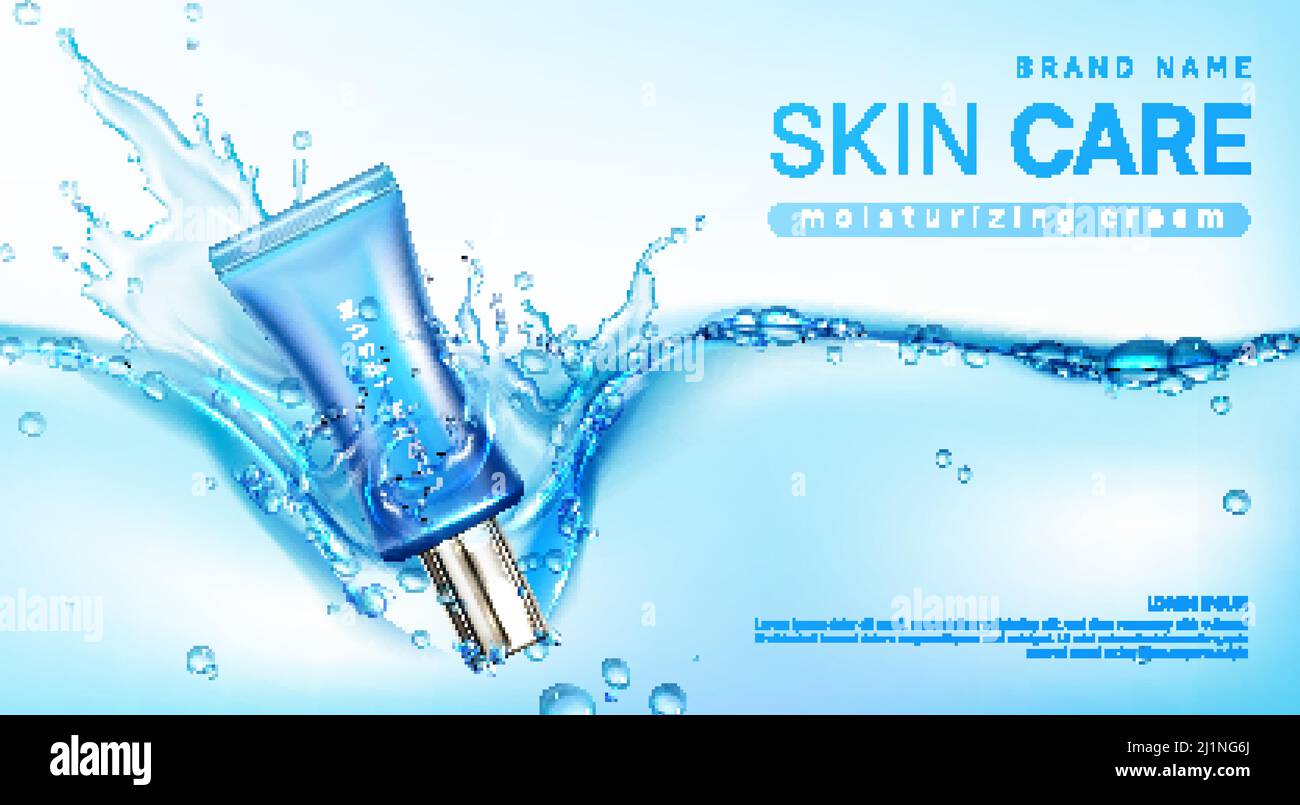Face cream package in water splash. Vector realistic brand poster with ...