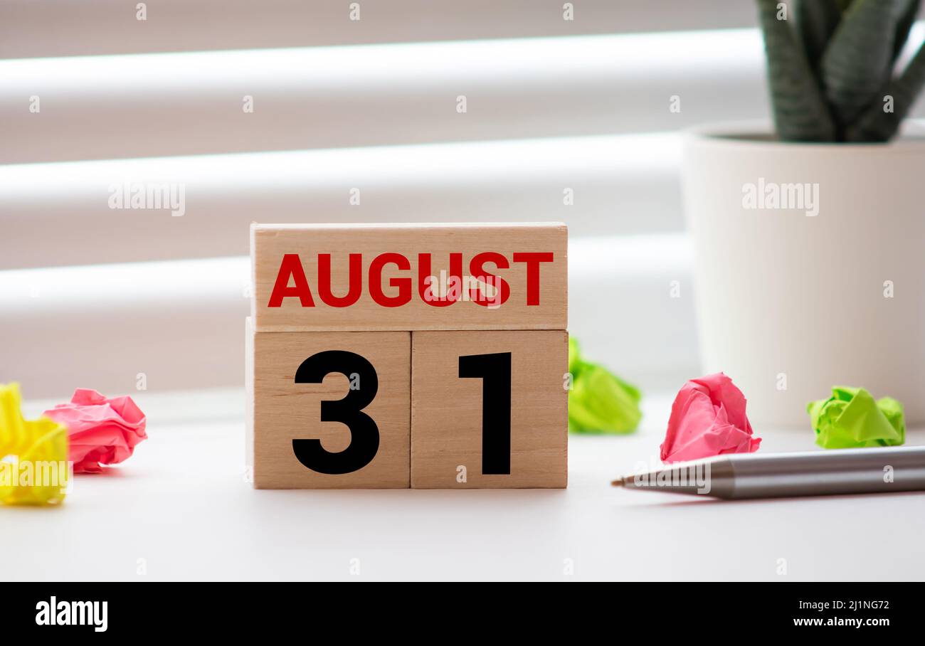 Wooden calendar August 31 on a white background close up Stock Photo ...