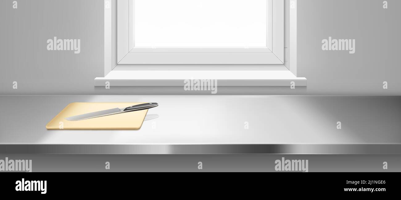 Kitchen steel table with wooden cutting board and knife. Vector ...