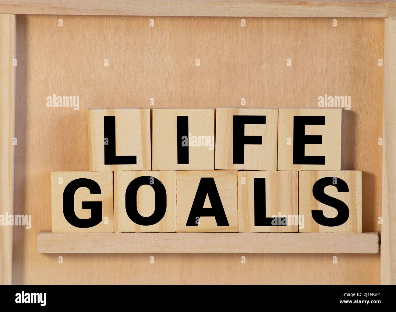 LIFE GOALS word written on wood block. LIFE GOALS text on table ...