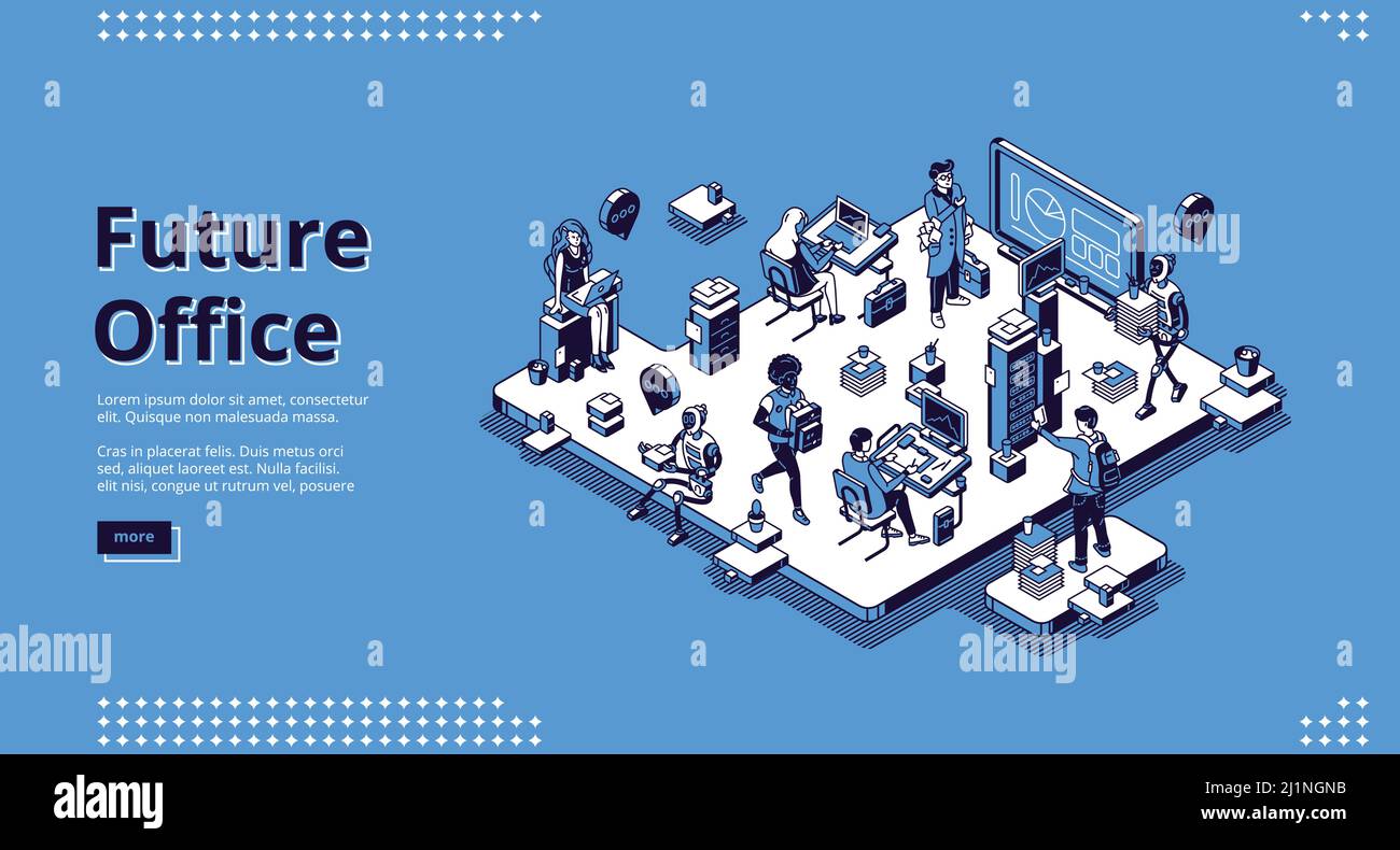 Future office isometric landing page. Human and ai robots work together ...