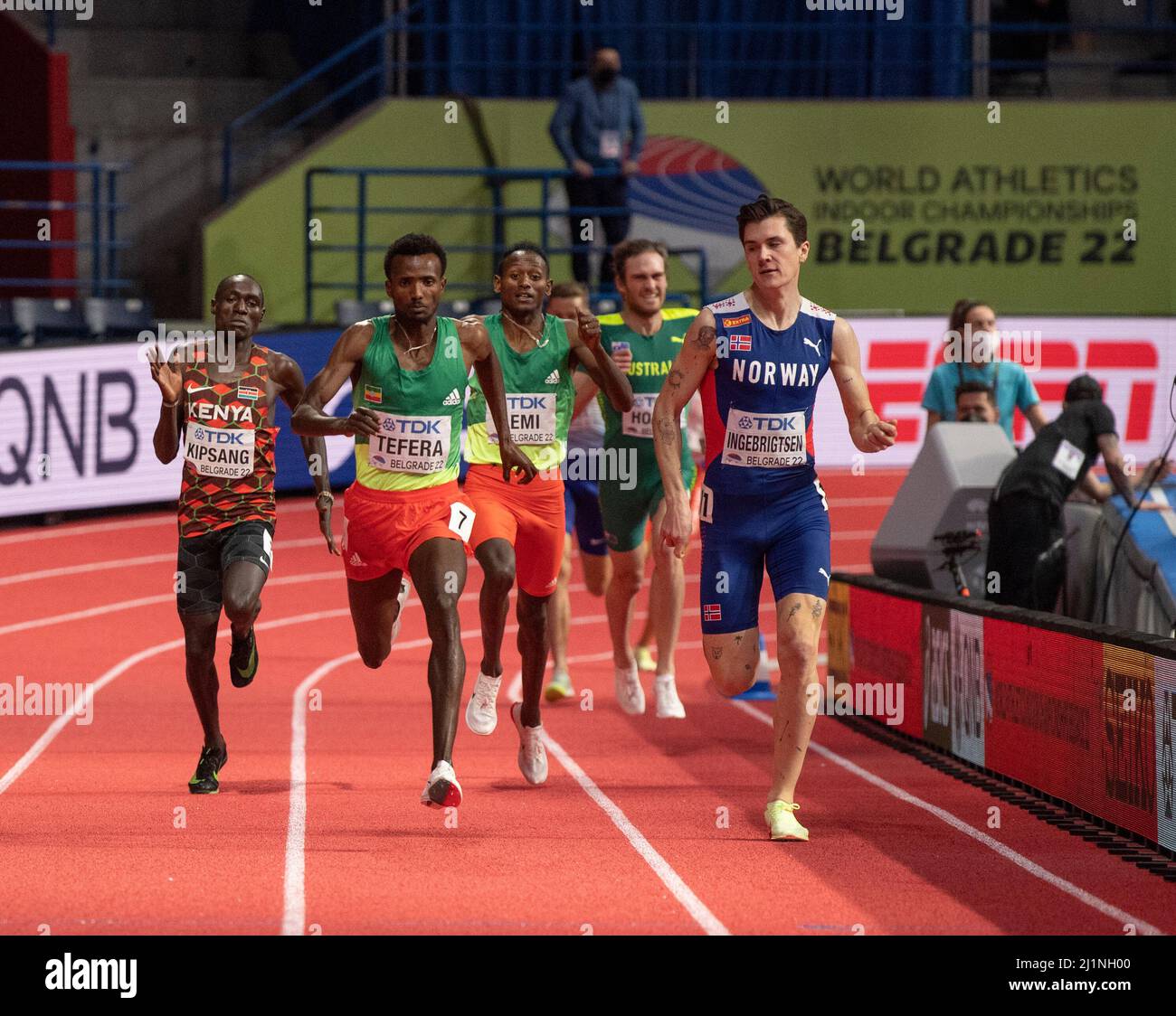 Samuel Tefera of Ethiopia and Jakob Ingebrigtsen of Norway racing for ...
