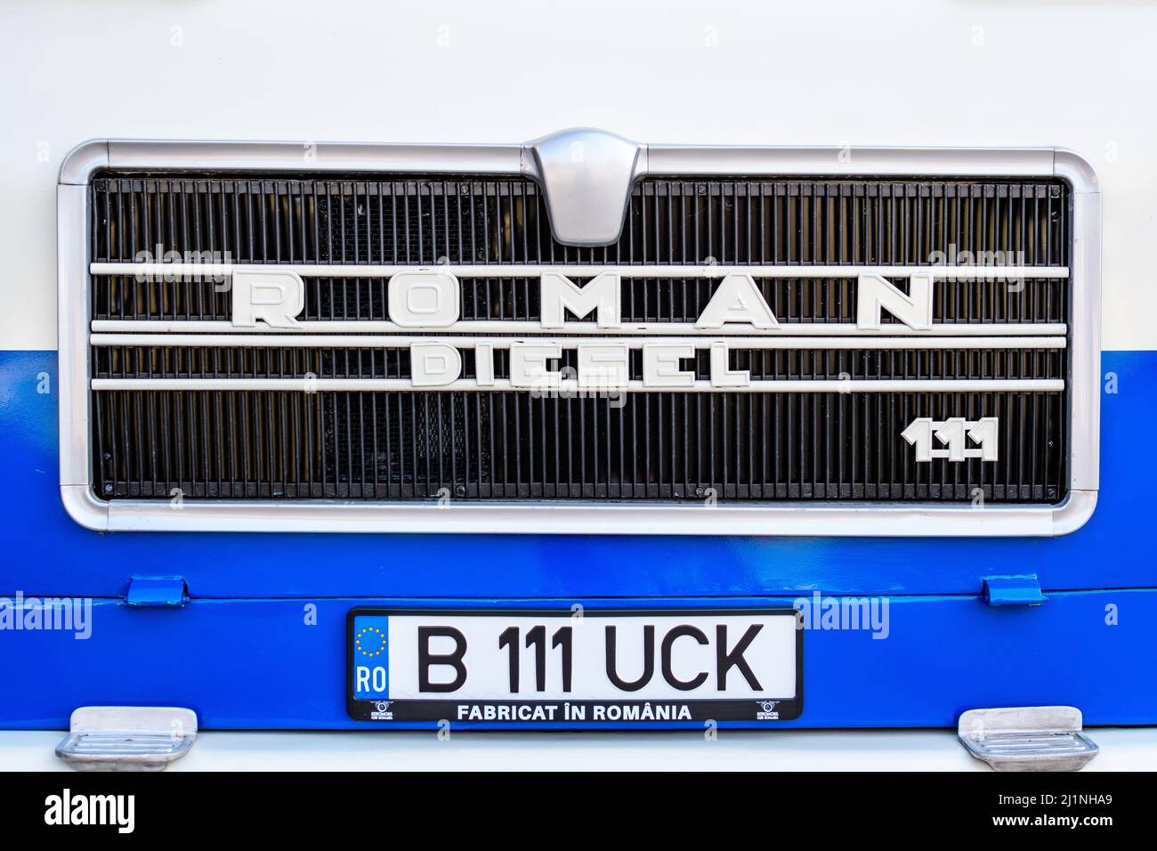 Bucharest, Romania, 2 October 2021: Old vivid blue and white Roman ...