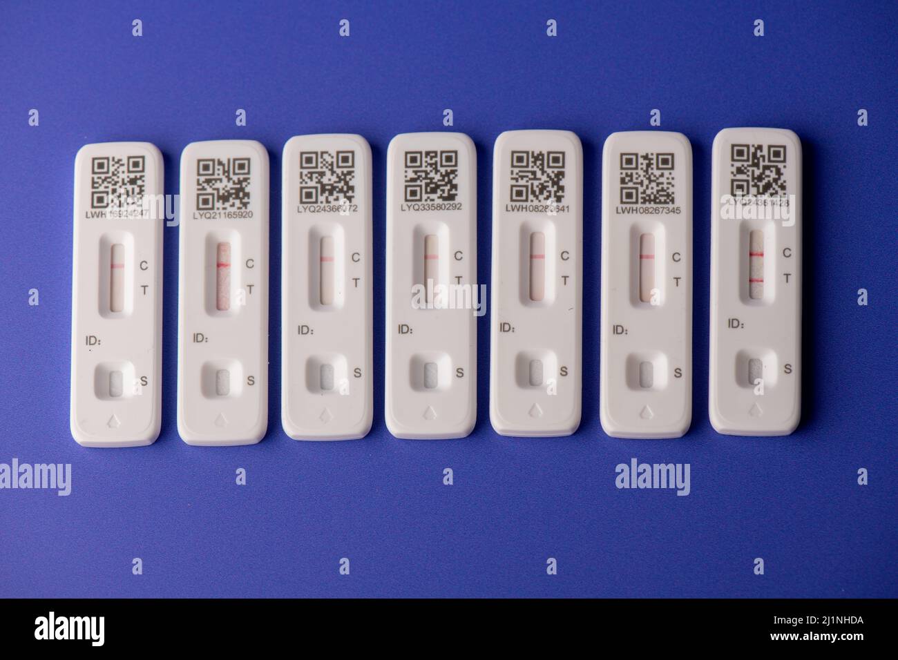 Six negative and one positive lateral flow test result against a purple ...