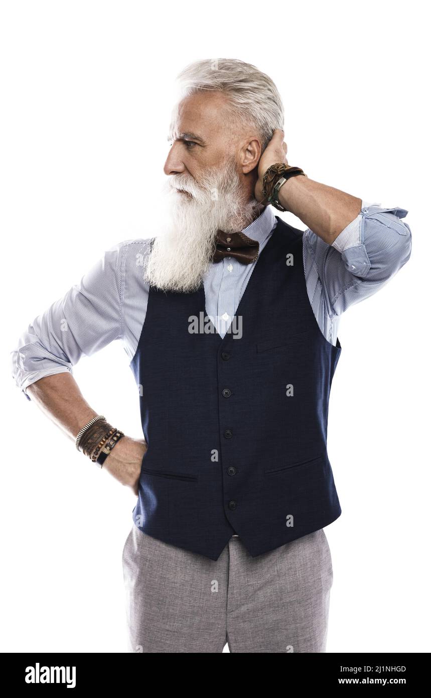 Handsome aged male model posing on white background Stock Photo - Alamy