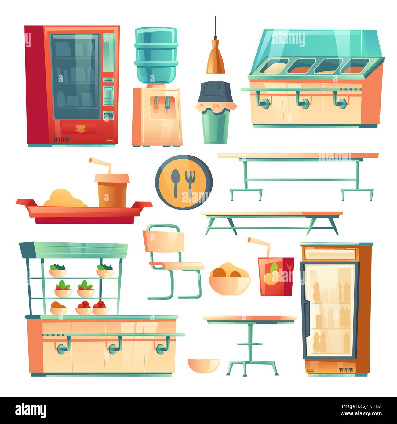Canteen furniture in school, college or office. Vector cartoon set of ...