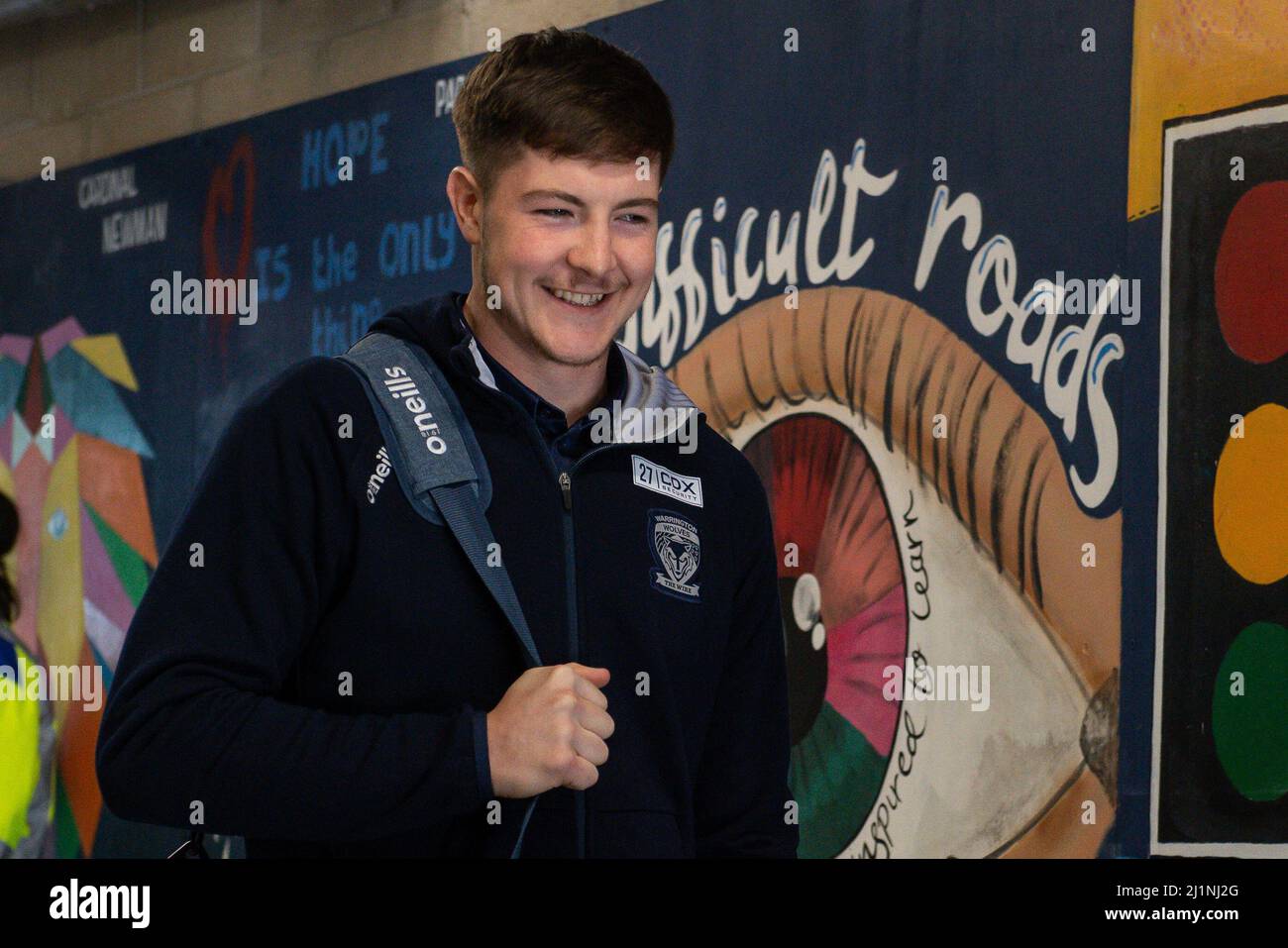 Riley Dean #27 of Warrington Wolves arrives at General view of The ...