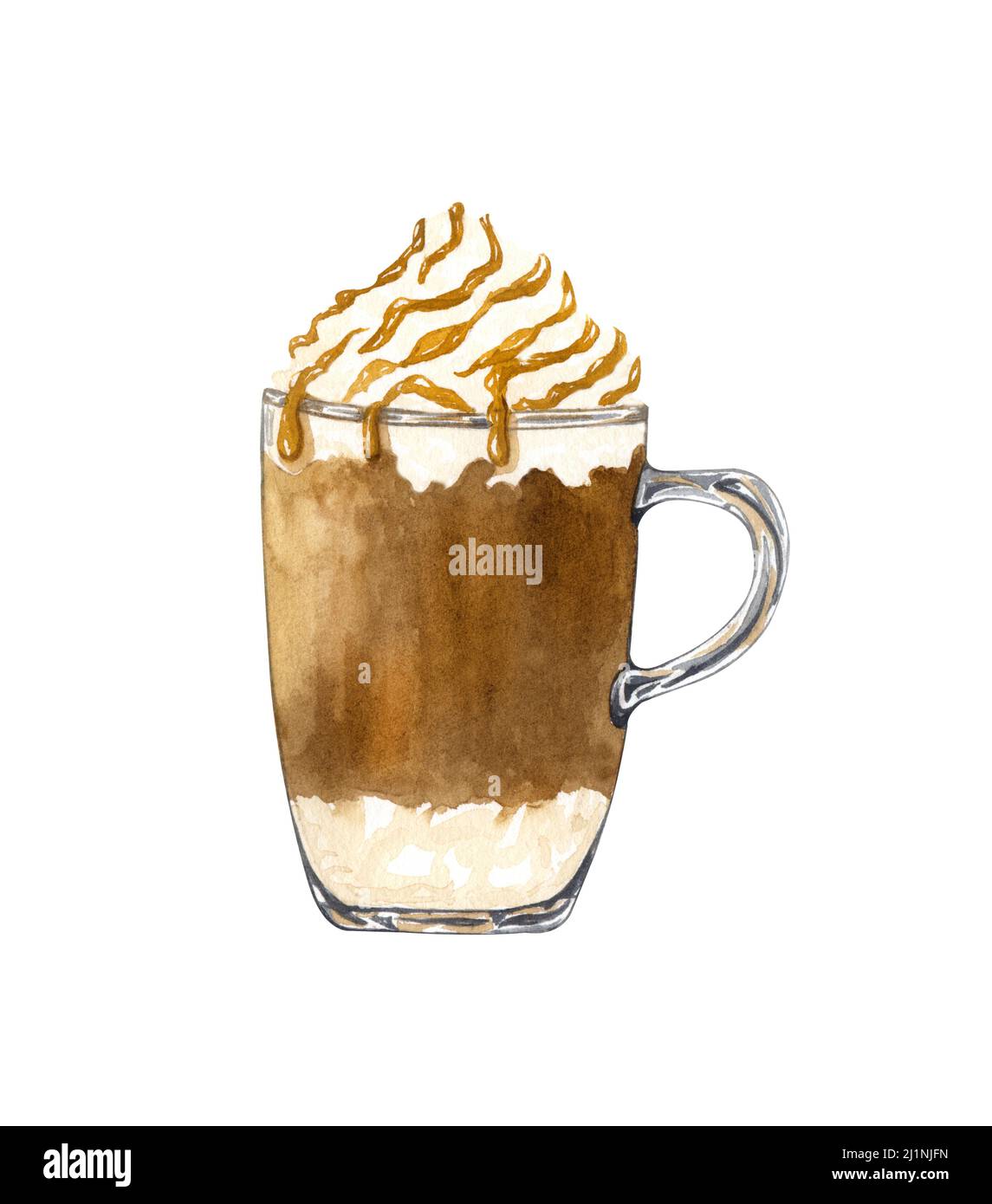 Hand drawn cup of coffee latte. Watercolor caramel frappe illustration ...